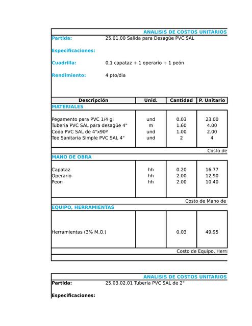 Costos Unitarios y Presupuestos de Instalaciones Sanitarias | Juan Bautista Calachahuin Arequipa ...