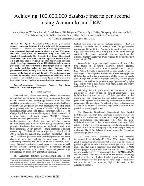 Achieving 100m Database Inserts Per Second Using Apache Accumulo And D4m [pdf] Hackernews Udocz