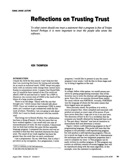 Reflections On Trusting Trust 1984 Pdf Hackernews Udocz 