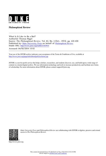 What Is It Like To Be A Bat? (1974) [Pdf] | HackerNews | uDocz