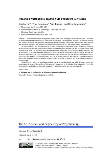 Transition Watchpoints: Teaching Old Debuggers New Tricks [Pdf ...