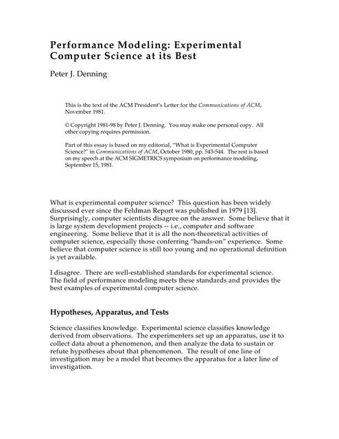 Performance Modeling: Experimental Computer Science At Its Best (1981 ...