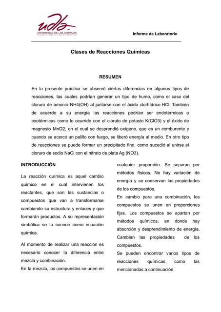 Clases De Reacciones Químicas Práctica De Laboratorio Cinthya