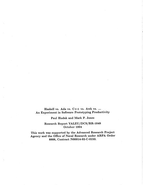 Haskell Vs Ada Vs C An Experiment In Software Prototyping Productivity 1994 Pdf