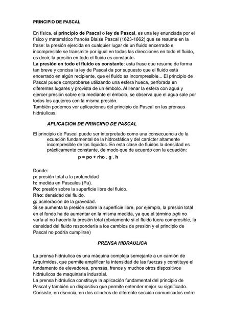 Resúmenes de Principio de Pascal | Descarga apuntes de Principio de Pascal