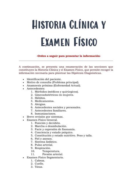 Historia Clínica y Examen Físico (Orden) | Dr. Castro | uDocz Historia Clínica y Examen Físico (Orden) | Dr. Castro | uDocz