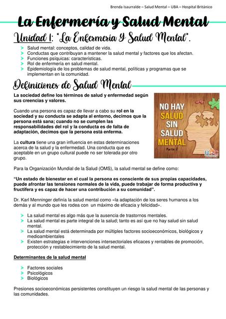 Unidad 1 La Enfermería Y Salud Mental Udocz