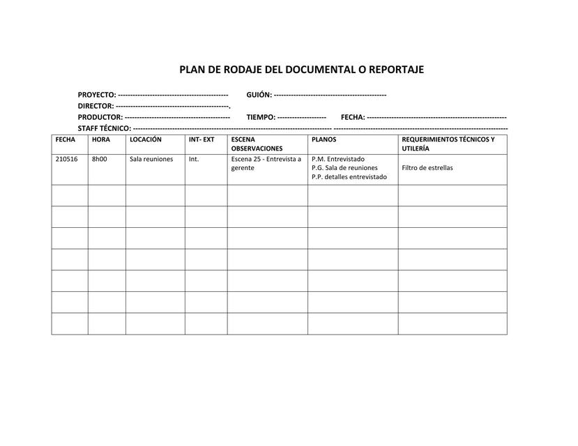 Plan de rodaje, guión técnico y plan de escena | alfredo manobanda | uDocz