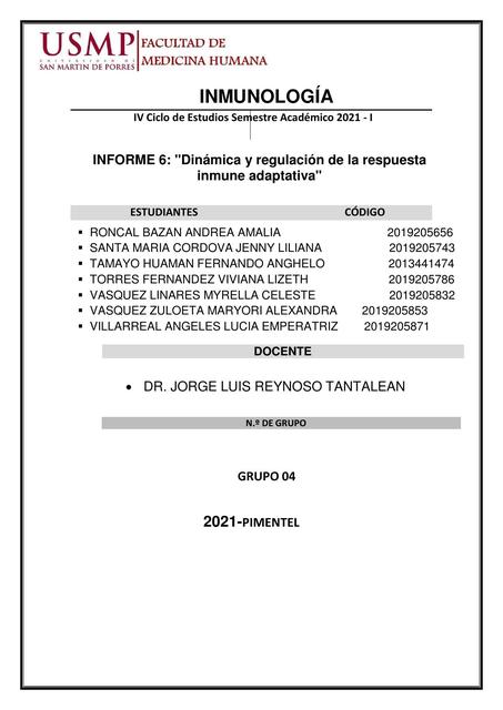 Dinámica y Regulación de la Respuesta Inmune Adaptativa | Celeste Vásquez | uDocz