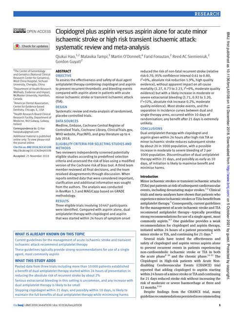Clopidogrel plus aspirin versus aspirin alone for acute minor | Ve Re ...