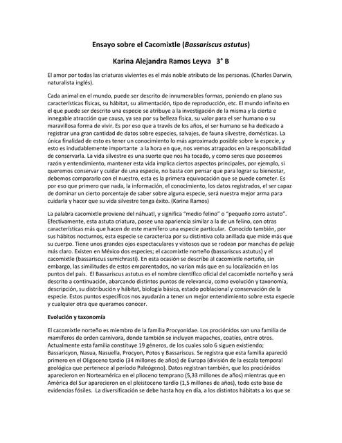 Ensayo Escrito sobre una Especie de Fauna Silvestre | Karina Ramos | uDocz