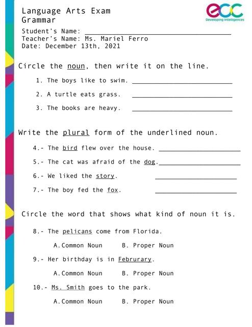 Language Arts Exam Grammar | M F | uDocz