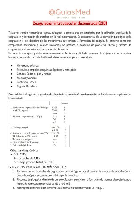 Coagulación intravascular diseminada CID - Patología medica | GuiasMed ...