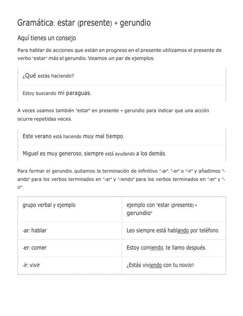 Gramática estar presente. Gerundio | Doctor_teco | uDocz