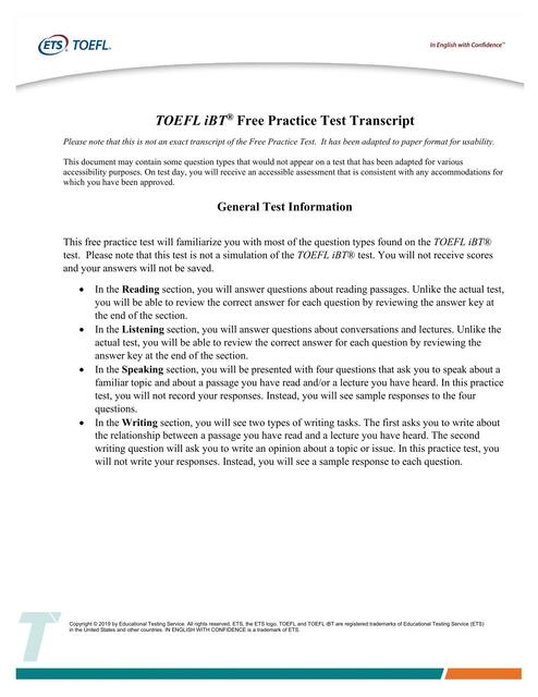 Práctica examen toefl ets | English for you | uDocz