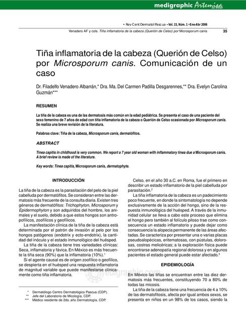 Tiña Inflamatoria de la Cabeza (Querión de Celso) por Microsporum Canis ...