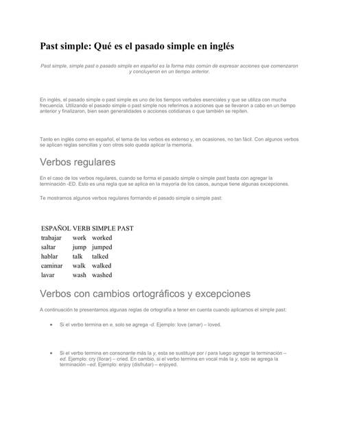 Past simple: verbos en inglés en pasado simple | English for you | uDocz