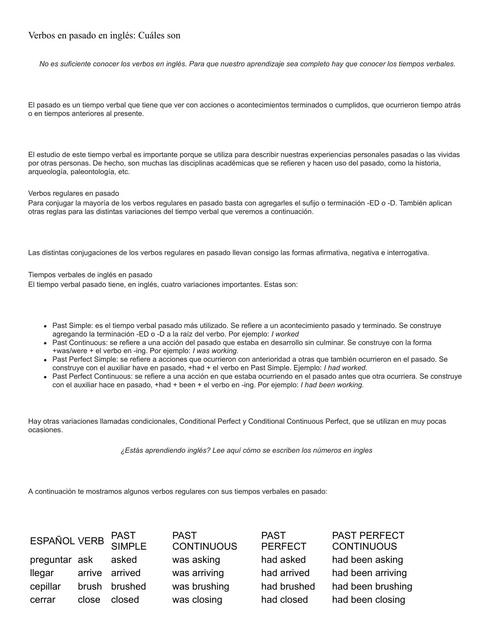 Verbos en inglés y español en pasado | English for you | uDocz