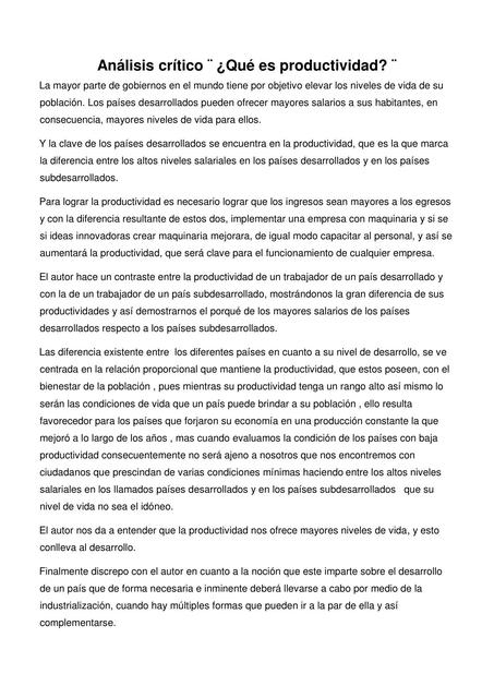 Análisis Crítico ¿qué Es Productividad