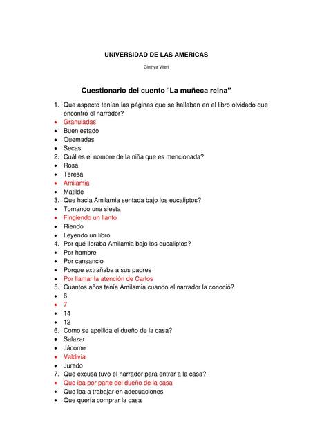 Cuento "La Muñeca Reina"- Cuestionario Resuelto | CINTHYA VITERI | uDocz
