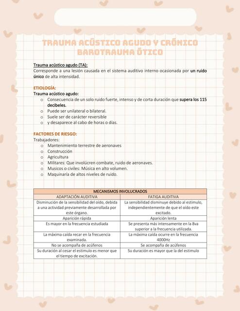 Trauma Acústico Agudo y Crónico Barotrauma Ótico | Zoe Mandujano | uDocz