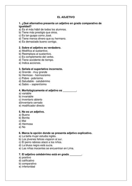 El Adjetivo Grados - Fichas | Gabriela Alexandra | uDocz