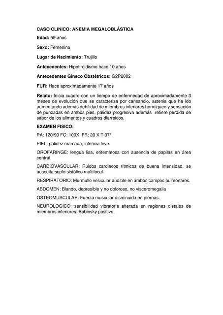 Caso Clínico 1: Anemia Megaloblástica. | Med Cuore | uDocz