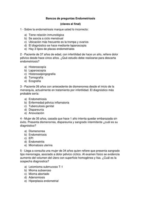Banco de preguntas Endometriosis con y sin claves | Medico en Proceso | uDocz