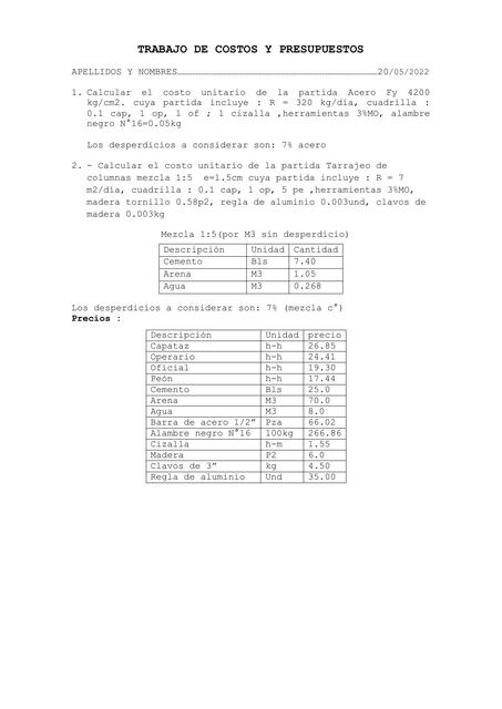 Trabajo de costo y presupuesto | Fernando Ccori | uDocz