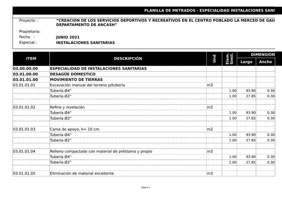 Plantilla de Excel para Metrados de servicios deportivos - Instalaciones Sanitarias | Servicios ...