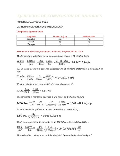 Ejercicios de Conversión de unidades y Trigonometría | Ana Angulo | uDocz
