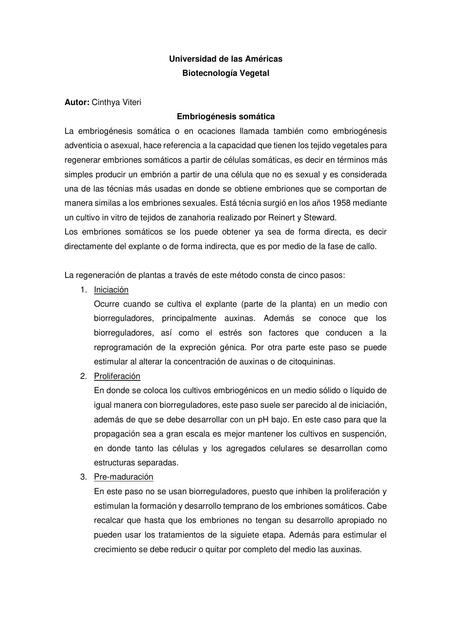 Embriogénesis somática - Resumen | CINTHYA VITERI | uDocz