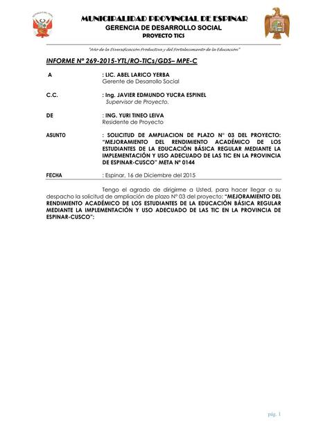 Informe De Ampliacion De Plazo Percy LÓpez Cohaila Udocz
