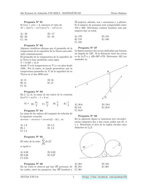 Práctica del Examen de admisión de Matemáticas | henoc alarcon | uDocz