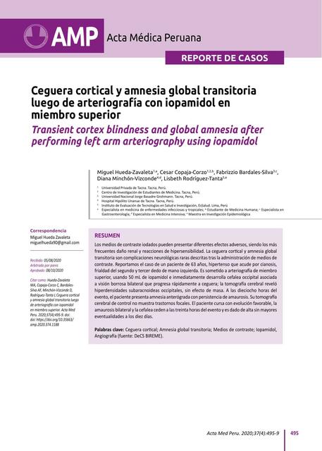Ceguera Cortical y Amnesia Global Transitoria Luego de Arteriografía ...