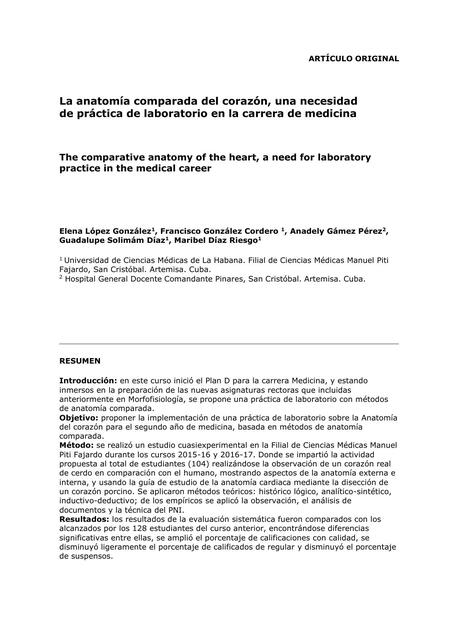 La anatomía comparada del corazón una necesidad de práctica de laboratorio en la carrera de ...