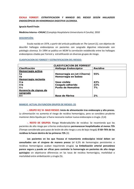 Escala Forrest: Estratificación y manejo del riesgo según hallazgos endoscópicos en hemorragia ...