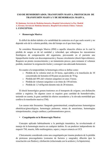 Resúmenes de Transfusión masiva | Descarga apuntes de Transfusión masiva