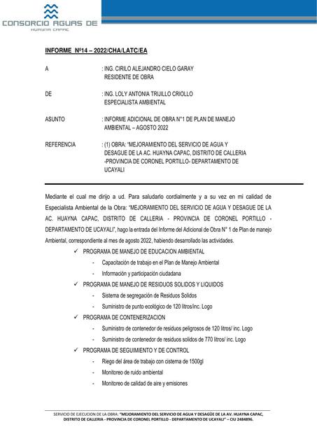 Informe adicional de obra n°1 de plan de manejo | Erick Manuel Gomez Torres | uDocz