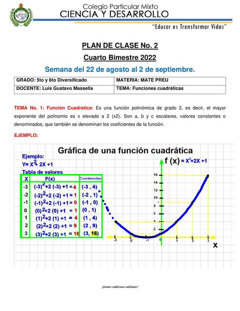 Plan de clase 2 Función Cuadrática | pablo ortiz | uDocz