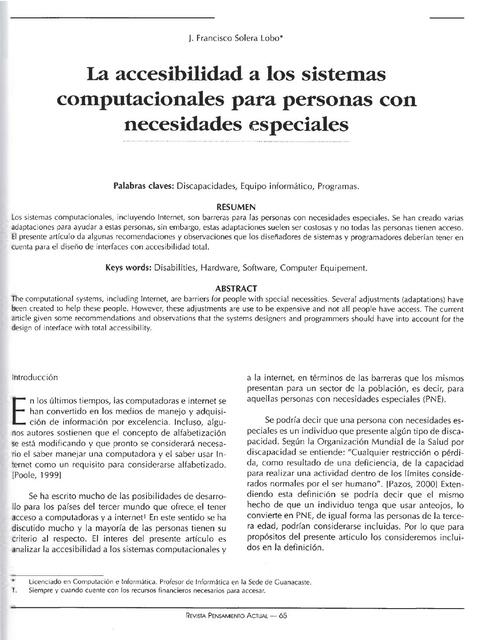 La Accesibilidad a los Sistemas Computacionales para Personas con Necesidades Especiales ...