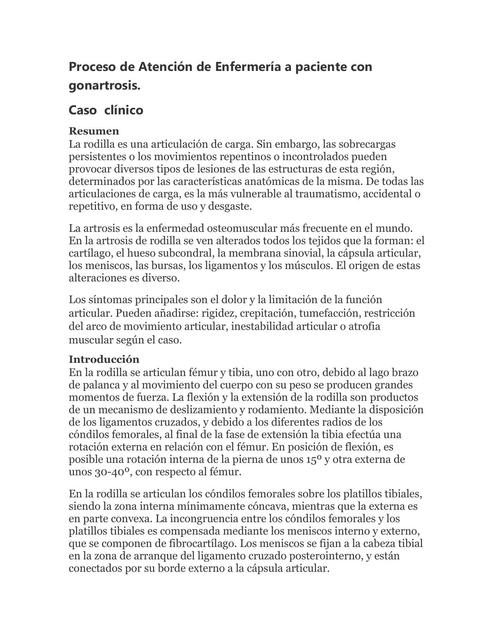 Proceso De Atención De Enfermería A Paciente Con Gonartrosis Aura