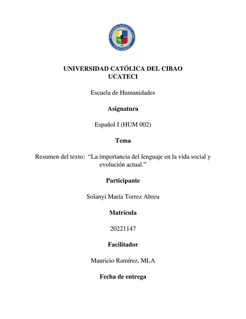 Resumen del texto: “La importancia del lenguaje en la vida social y ...
