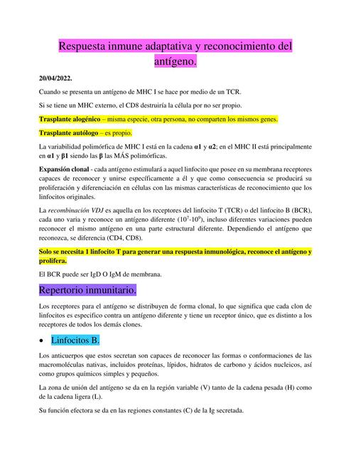 Respuesta inmune adaptativa y reconocimiento del antígeno | Valeria Guzman Osorno | uDocz