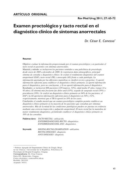 Examen proctológico y tacto rectal en el diagnóstico clínico de ...