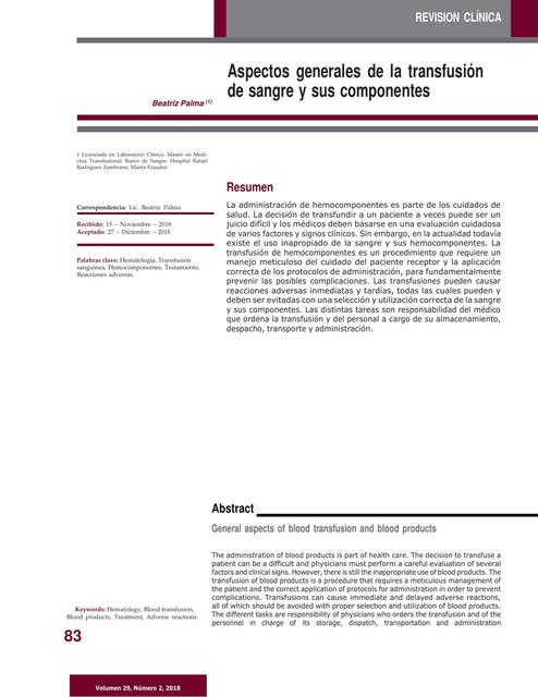 Aspectos generales de la transfusión de sangre y sus componentes ... Aspectos generales de la transfusión de sangre y sus componentes ...