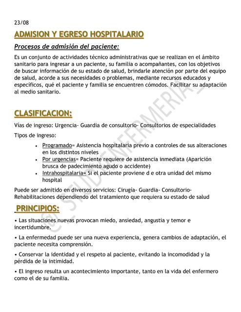 Admisión y egreso hospitalario | Study enfermeria | uDocz