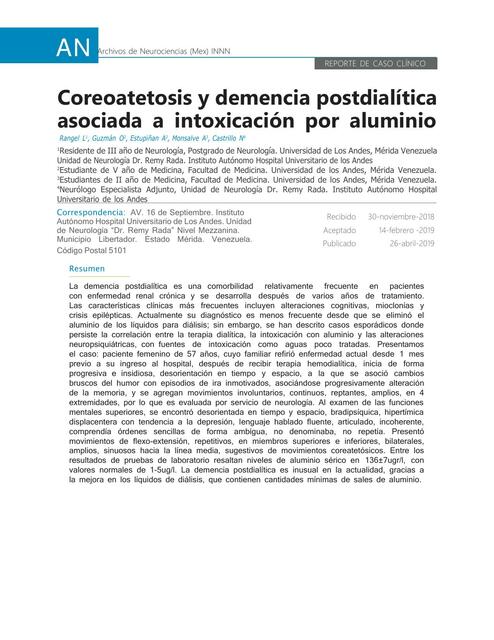 Coreoatetosis y Demencia Postdialítica Asociada a Intoxicación por ...
