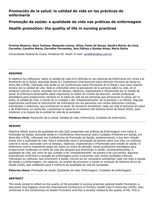 Promoción de la Salud: La Calidad de Vida en las Prácticas de Enfermería | Medicina y Farmacia ...