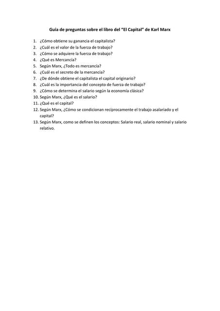 Guía de Preguntas Sobre el Libro del El Capital de Karl Marx